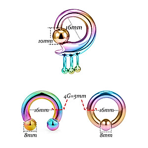 4G Earrings Internally Threaded Circular Barbells Horseshoe PA Rings Captive Bead Rings Dangle Spring Action CBR Surgical Steel Monster Screwball Rings Body Piercing Rings for Women Men Rainbow