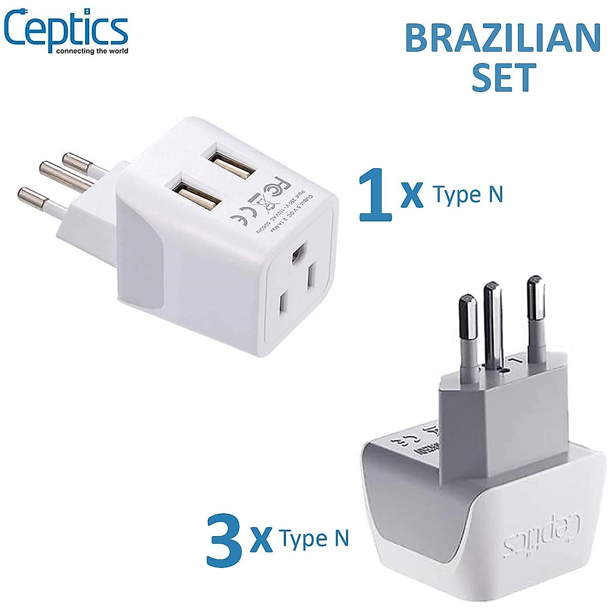 Brazil Travel Adapter Bundle by Ceptics - Type N - Charge Multiple Devices at Once - USA to Brazil - Multipack - for Your Cell Phones, Tablets, iPhone, Camera