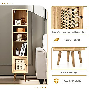Giantex 54" Tall 4-Tier Bookcase with Door, Freestanding Slim Narrow Book Cabinet with Adjustable Shelf, Vertical Bookshelf with Leg, Open Shelving Display Rack, Boho Wooden 4-Cube Storage Organizer