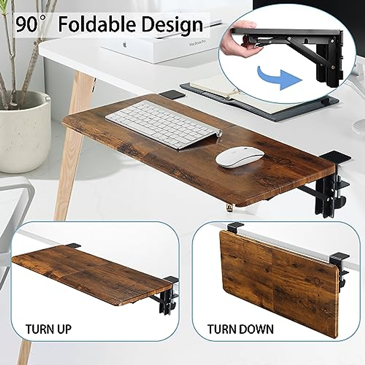 ETHU Ergonomics Desk Extender Tray, 26.7"x11.4" Large Size Foldable Keyboard Drawer Tray Clamp On, Armrest Support for Home and Office (Wood)