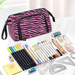 Fisyme Pink Zebra Print Pencil Case Large Capacity Pencil Pouch Pen Bags Box Big Makeup Pencil Case Organizer
