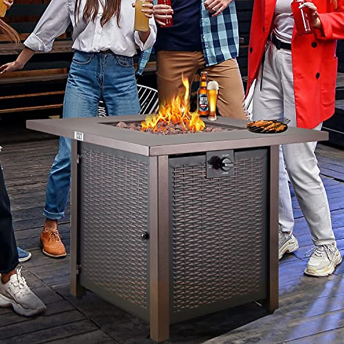 SEGMART Outdoor Propane Fire Pit Table 40000 BTU Gas Fire Pit Table for Outside Patio/Garden/Courtyard, Square Fire Pit with Lid, Auto-Ignition, Lava Rock, Wicker Steel Surface, Outdoor Companion