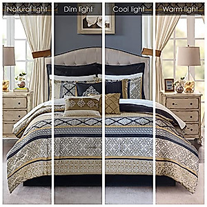 Madison Park Essentials Windsor 24-Piece Room in A Bag Comforter Set-Satin Jacquard All Season Luxury Bedding, Sheets, Decorative Pillows and Curtains, Valance, Queen (90 in x 90 in), Black/Gold