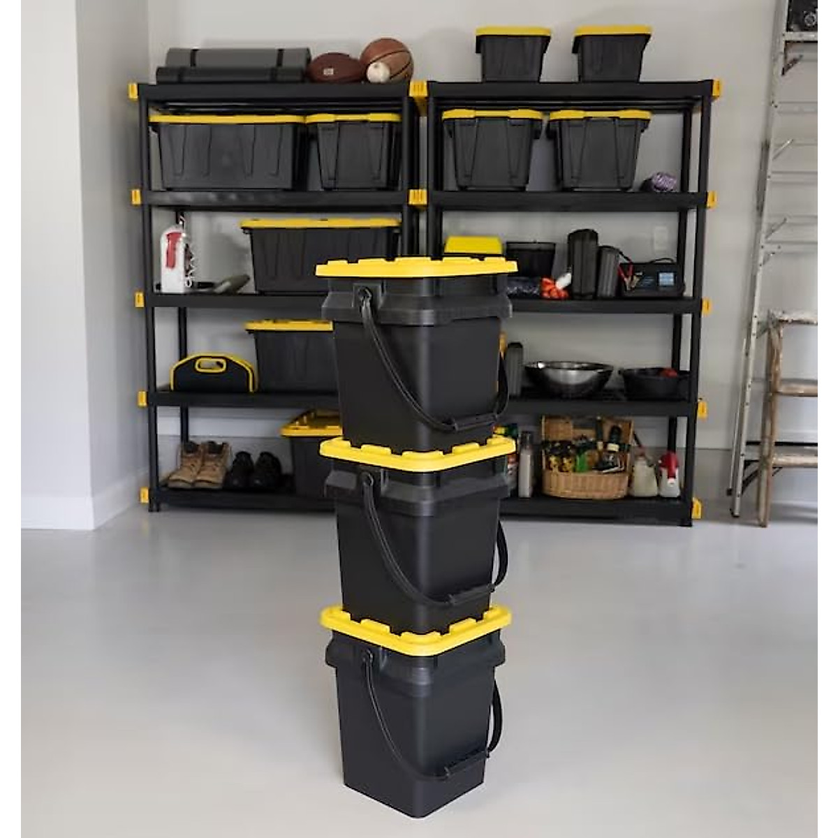 Generic Commander Medium 5-Gallon (20-Quart) Black/Yellow Heavy Duty Tote with Hinged Lid - Lockable, Durable Polypropylene, Lightweight, Easy Access Storage Box