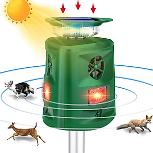 Solar Animal Repeller,360° Ultrasonic Animal Repellent Outdoor,Cat Repellent Outdoor with Motion Sensor & Flashing Light Deer Repellent,Dog Repellent for Repelling Cat Squirrel Deer Raccoon Rabbit Dog