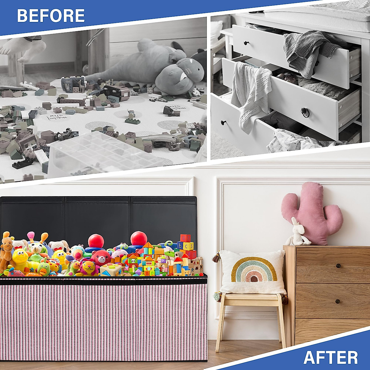 DECOSIS Extra Large Toy Box, Foldable Toy Chest for Girls with DIY Partition Storage, Kids Toy Box 40 x 16 x 14 in for Playroom, Living Room, Kid's Room, Pink, LBOX-PINK-1