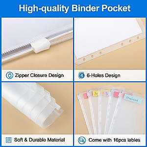 KTRIO 16PCS A6 Binder Pockets 6 Holes Budget Cash Envelopes Clear Zipper Folders for 6-Ring Budget Binder Notebook, Loose Leaf Bags, Waterproof PVC Document Pouch Organizers