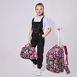 Egchescebo Girls Rolling Backpacks with Wheels 3PCS Feather Backpack Set for School Wheeled Luggage Suitcase Lunch Box Pencil Case Large Capacity Bookbag Adjustable Trolley for Elementary Travel Red