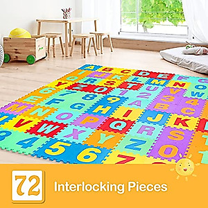 Costzon 72 Pieces Baby Play Mat w/Fence, Baby 0.4'' Thick EVA Baby Crawling Mat w/Detachable Numbers, Waterproof Soft Playmat for Toddler Infants (72 Pieces, Alphabet + Numbers)