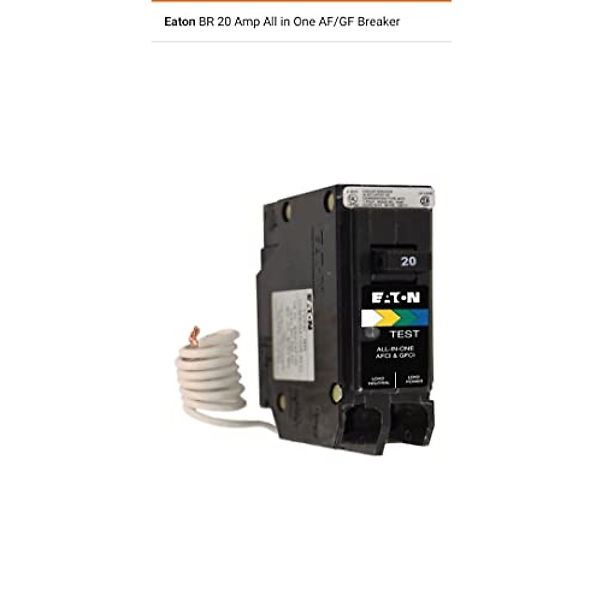 Cutler-Hammer Eaton BRN120A1CS BR 20A 120V 1-Pole Arc Fault/Ground Fault Circuit Breaker, Black
