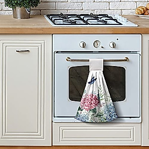 Kwlegh Pink Flowers Dish Towels with Hanging Loop Butterfly Kitchen Towels Set of 2 Summer Hydrangea Bathroom Hand Towels Soft Absorbent Tie Towels for Bathroom Kitchen 12x17 Inch