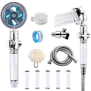 TESECU Turbo Shower Head, Modern Style, 5 Settings, 6 L/min Flow, 360 Rotation, Tool-Free Installation, ABS Material, Stainless Steel Panel, 79" Shower Hose, Bath Ball, Shampoo Comb
