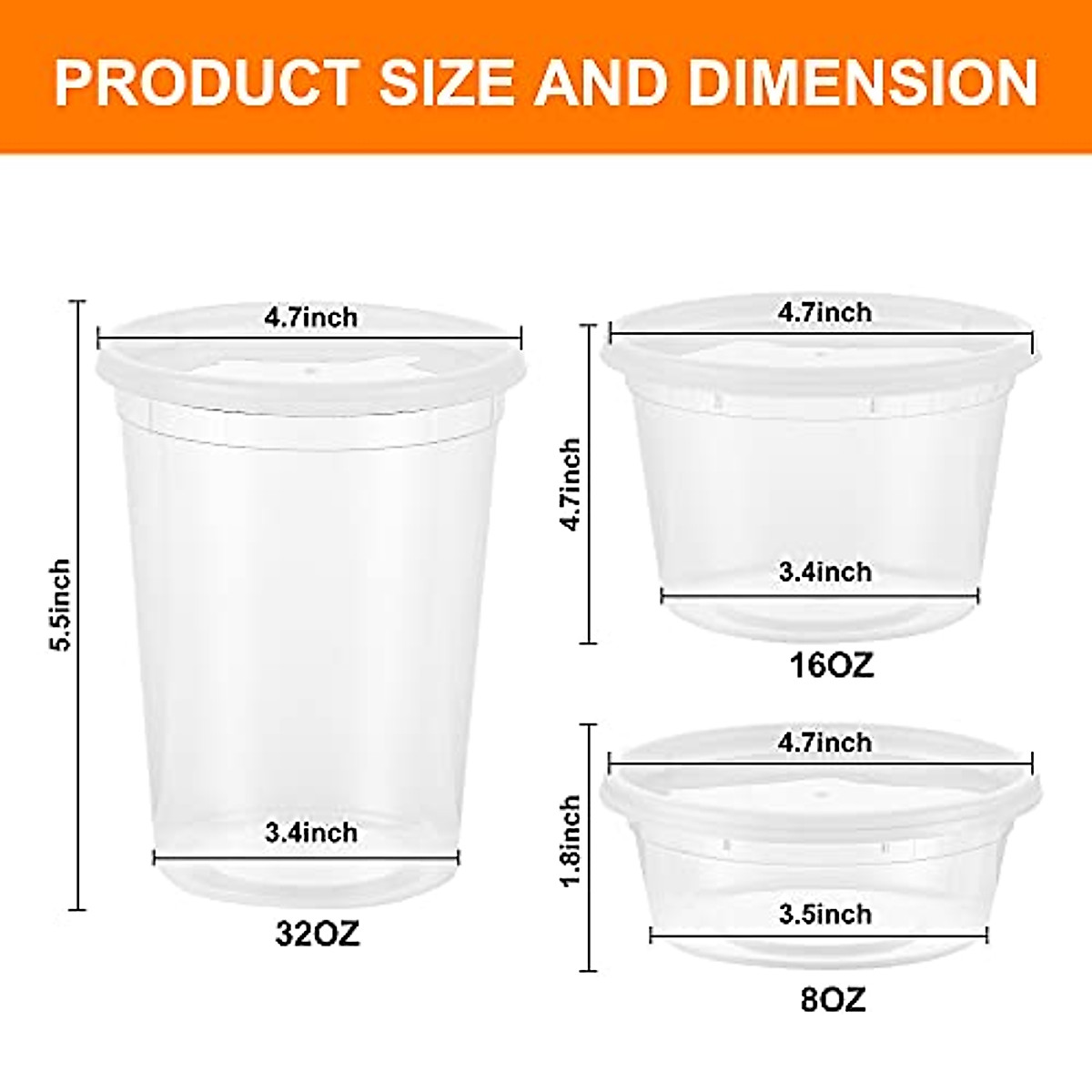 NutriBox [44 Pack] Three Sizes Food Storage Plastic Deli Containers with Airtight Lids 8 oz, 16 oz, 32 oz, BPA Free, Reusable, Microwaveable, Dishwasher, Freezer Round Clear Takeout Containers