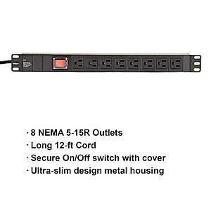 Rack Mount Server Network PDU Power Strip, 8 Outlets, 12 ft. Cord, 15A, 1U Rack-Mount Metal Slim Design