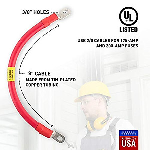 Exell Battery 2/0 Interconnecting Copper Cable, 8-inch Length with 3/8-inch Lugs, Red