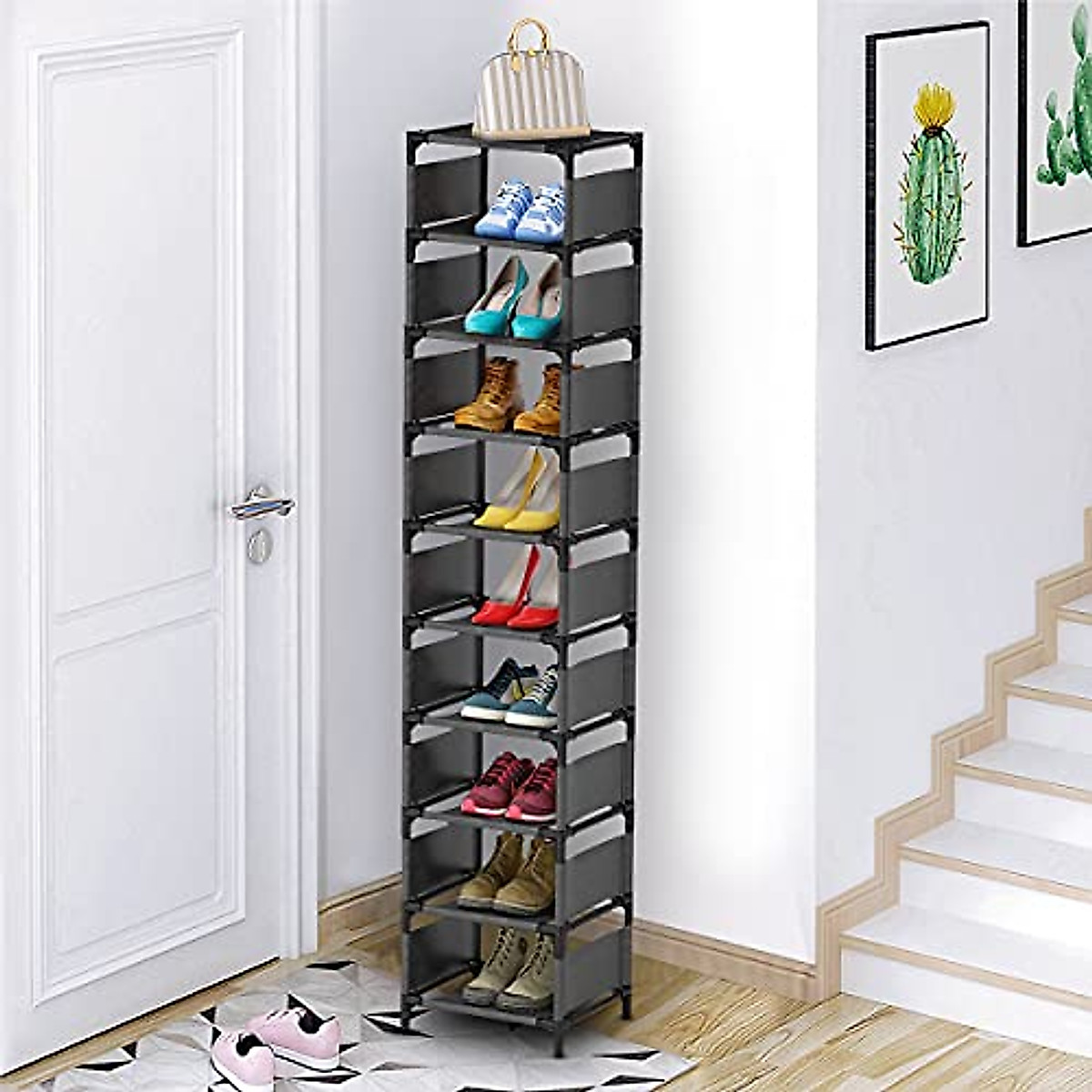 sunvito 10 Tiers Shoe Rack, 10 Pairs Space Saving Shoe Shelf Organizer, Tall Narrow Shoe Rack for Entryway, Closet (Black)