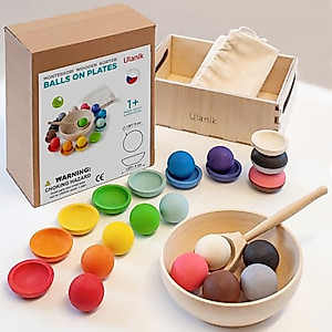 Ulanik Balls on Plates Toddler Montessori Toys for 1+ Year Old Kids Wooden Matching Game for Learning Color Sorting and Counting — 12 Balls, 1.18 in