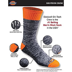 Dickies Men's Dri-Tech Legacy Moisture Control Crew Socks Multipack, Hi-Vis Orange Black (6 Pairs), Medium