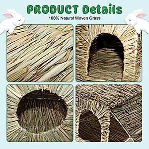 BWOGUE Extra Large Grass House for Rabbits,Hand Crafted Natural Grass Hideaway Foldable Bed Hut with Openings Playhouse for Bunny Guinea Pig Chinchilla Ferret for Play and Sleep