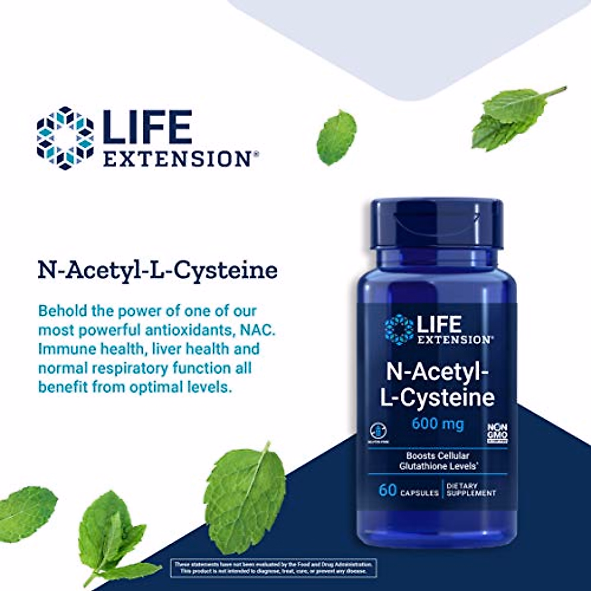 Life Extension N-Acetyl L-Cysteine 600mg - Powerful Antioxidant NAC Supplement For Liver Health and Healthy Glutathione Levels Support - Gluten Free, Non-GMO, Vegetarian - 60 Capsules