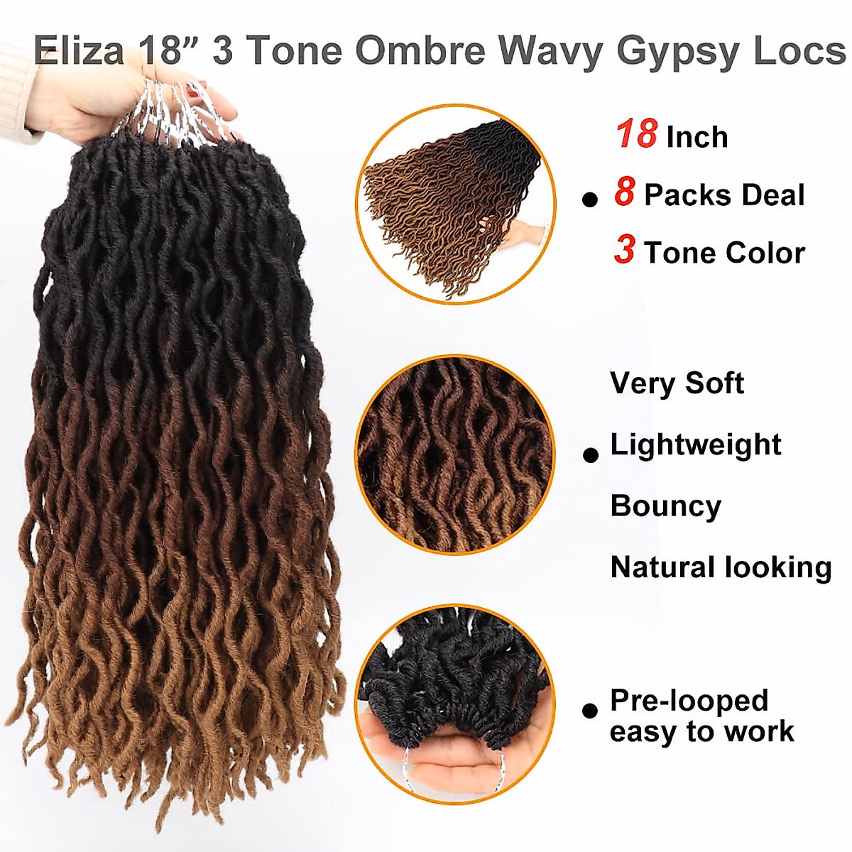 Eliza Wavy Gypsy Locs Ombre Crochet Hair 18" 8Packs/Lot Goddess Locs Synthetic Fiber Faux Locs African Roots Dreadlocs Synthetic Braiding Hair Extensions for Black Women(18",OM3T30/27)