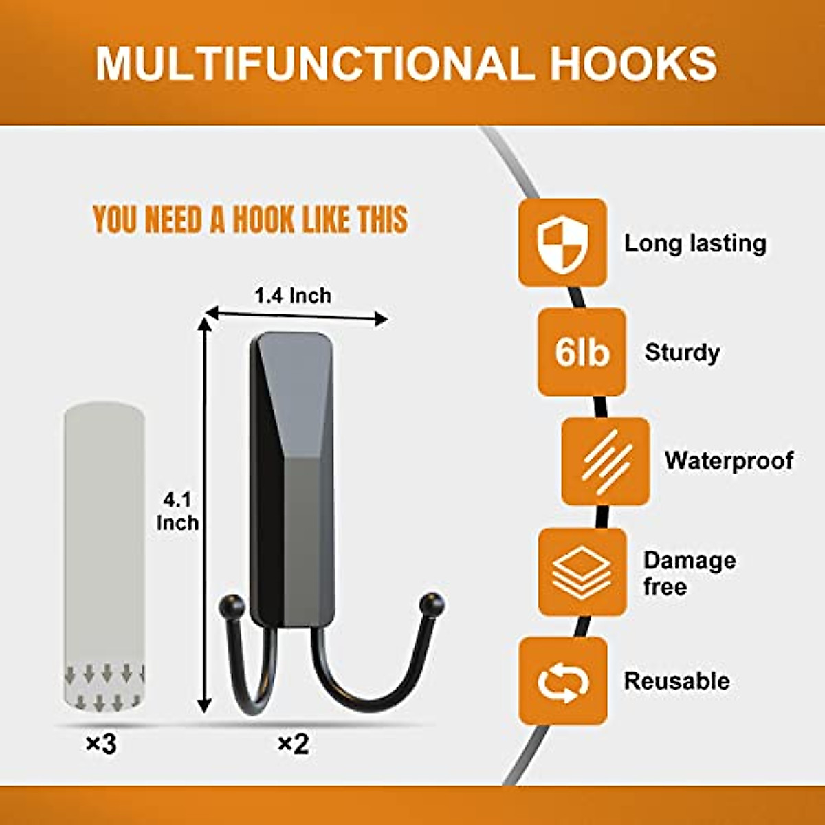 RICHER HOUSE Black Double Wall Hooks for Hanging, 2 Pack Removable Adhesive Coat Hooks with 3 Strips, Organize Damage-Free Sticky Hooks, Utility Hooks Hanging Heavy Duty for Coat, Towel, Hat, Key