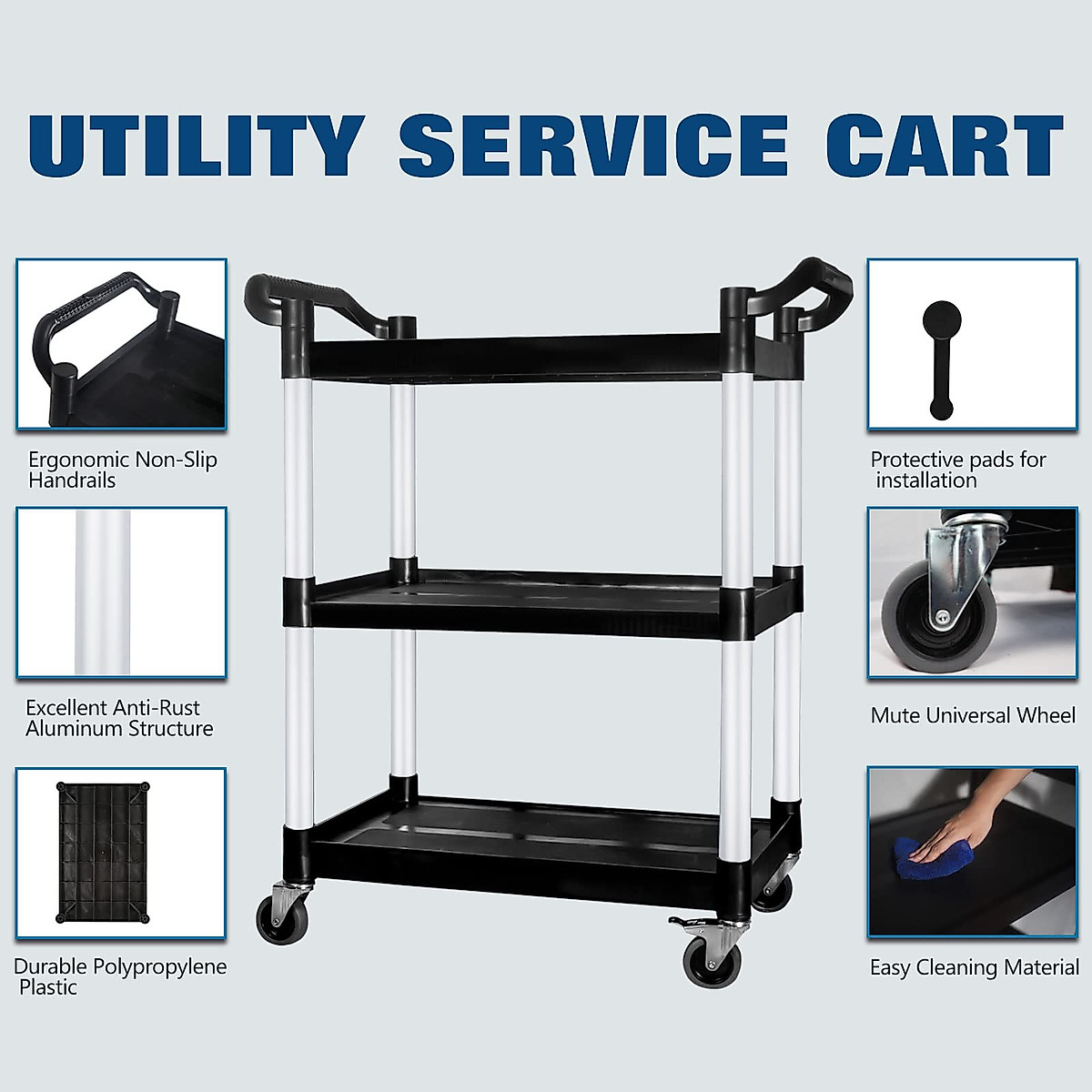 Abacad Plastic Commercial Cart Large Size, Restaurant Cart with Wheels Lockable, Heavy Duty Utility Service Cart for Foodservice, Commercial,Office, Warehouse, Black, 40.15X 19.29x 38.97 inches.