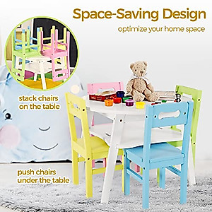 Bateso Kids Table and Chair Set, Toddler Wooden Round Table & 4 Chairs Set​ with Large Storage Space, 5-Piece Children Furniture Set for Home, Daycare, Playroom, Kindergarten