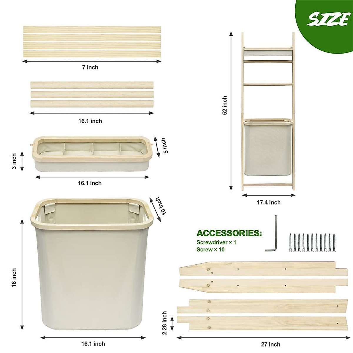 ReactDecor Wall Leaning Bathroom Ladder Shelf Hamper - 3 Tier Wooden Towel Rack Ladder Laundry Basket - Wooden Blanket Ladder Towel Rack - Wood Towel Ladder for Bathroom - Wall Leaning Ladder Shelf