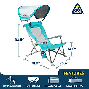 GCI Outdoor Sunshade Recliner Beach Chair | Collapsible Folding Canopy Shade Chair with Durable Armrests, Drink Holder & Portable Carry Bag, Perfect for Beach Trips & Picnics — Seafoam Green