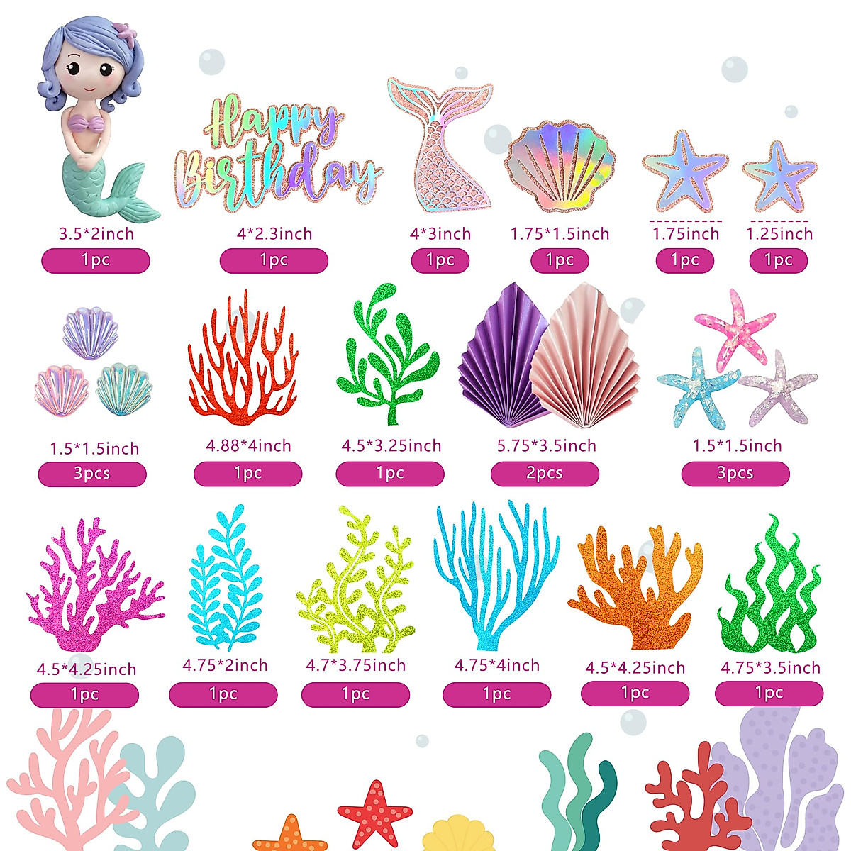 20 PCS Mermaid Cake Toppers with 3D Mermaid Seaweed Folding Fans Shell Starfish Cake Decoration for Kids Girls Birthday Party Baby Shower Supplies (STYLE1)