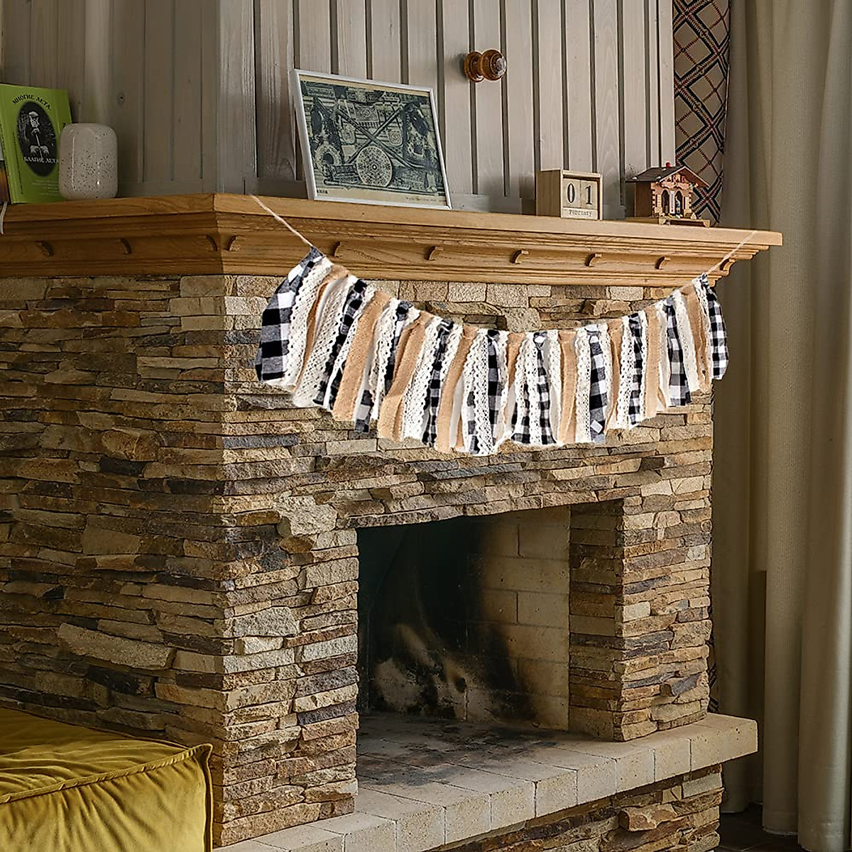 Buffalo Checkered Plaid Banner Set Fabric Black and White Gingham Bunting Tassel Garland Rustic Christmas Birthday Mantel Fireplace Farmhouse Classroom Decorations