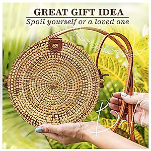 Ahtine Handwoven Round Rattan Bag for Women With Adjustable Strap Crossbody Straw Handbag (Tan)
