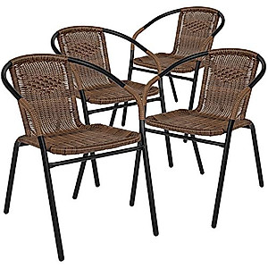 Flash Furniture 4 Pack Medium Brown Rattan Indoor-Outdoor Restaurant Stack Chair