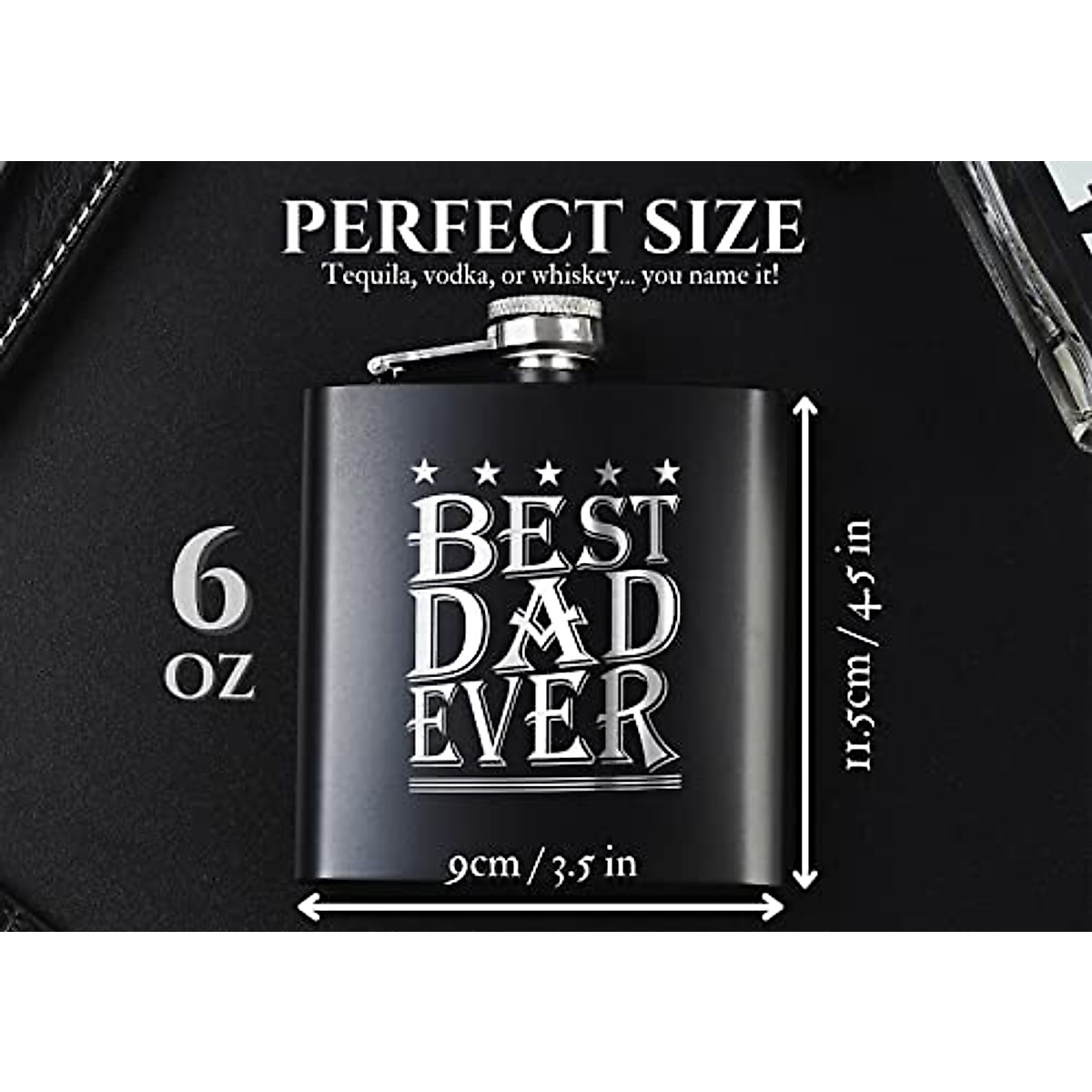Dad Hip Flask, Flasks for Liquor, Stainless Steel Flask (Black 6oz) Father's Day, Birthday, Christmas, Retirement Gifts for Dad, Best Dad Ever, Onebttl