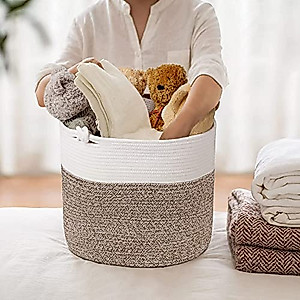 NamRamo Blanket Basket Living Room 15.8" x 15.8" x 13.8", Large Basket Baby Toy Basket, Cotton Rope Laundry Basket with Handle, Rope Basket, Woven Storage Basket, White & Brown Hamper