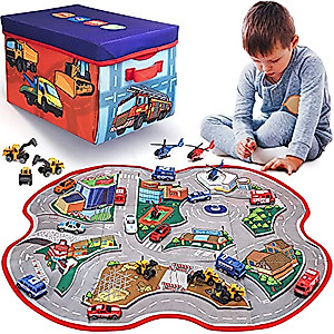 Toy Cars Storage Box, 2 in 1 Convertible Garage Holder Case with Road Play Mat & 17 Play Vehicles Included, Collapsible Fabric Organizer Bin for Kids