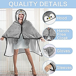 Penguin Wearable Hooded Blanket for Adults – Super Soft Warm Cozy Plush Flannel Fleece & Sherpa Hoodie Throw Cloak Wrap - Penguin Gifts for Women Adults Girls and Kids