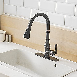 BATHLAVISH Kitchen Faucet Oil Rubbed Bronze, Pull Down Kitchen Faucet Farmhouse with Sprayer, Kitchen Sink Faucet Bronze, Single Hole Single Handle 3 Outlet Mode with 10 Inch Deck Plate Solid Brass