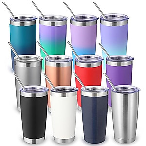 Volhoply 20oz Stainless Steel Tumbler with Lid and Straw Bulk 12 Pack,Double Wall Insulated Travel Iced Coffee Mug Fits Cup holder,Powder Coated Cups for Cold Drinks,Christmas Gifts（Assorted,12 Set）