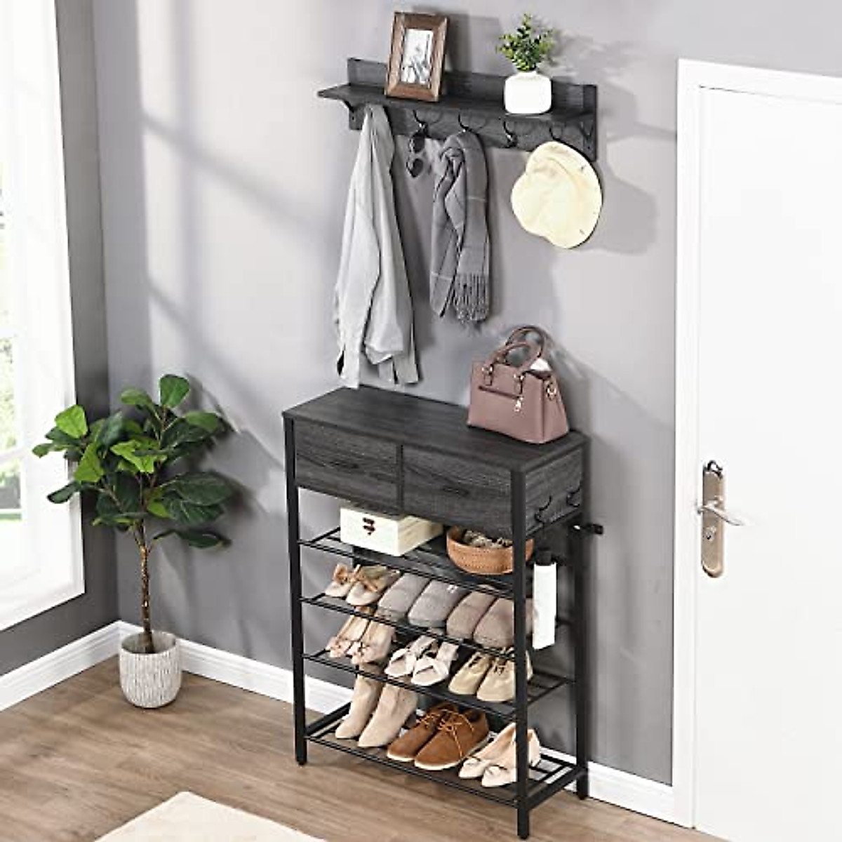 DKLGG Metal Shoe Rack with Coat Rack, Industrial 4-Tier Shoe Storage Organizer with Drawers for 12 Pairs, Shoe Shelf with Hooks & Adjustable Feet, Free Standing Shoe Racks for Entryway, Hallway(Black)