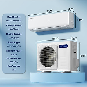 DELLA Versa Series 12000 BTU Mini Split Air Conditioner Work with Alexa 19 SEER2 Cools Up to 550 Sq.Ft Energy Efficient Ductless Inverter System, Heat Pump Pre-Charged and 16.4ft Installation Kits