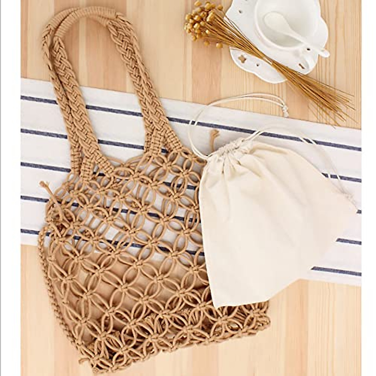JBR Straw Crossbody Bag Cotton Rope Leisure Beach Bag Fishing Net Handbag Woven Shoulder Bag for Women Girls Purse, Khaki