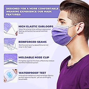 ZUBREX 50 Pcs Disposable 3 Ply Safety Face Mask for Protection with Nanofiber Filter Lining - and Elastic Earloops (Purple)