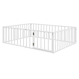 SIYSNKSI Full Size Floor Bed with Fence and Door, Metal Floor Bed Frame, Montessori Bed Platform Bed Frame for Kids Boys Girls, Easy Assembly (White + Metal-2)