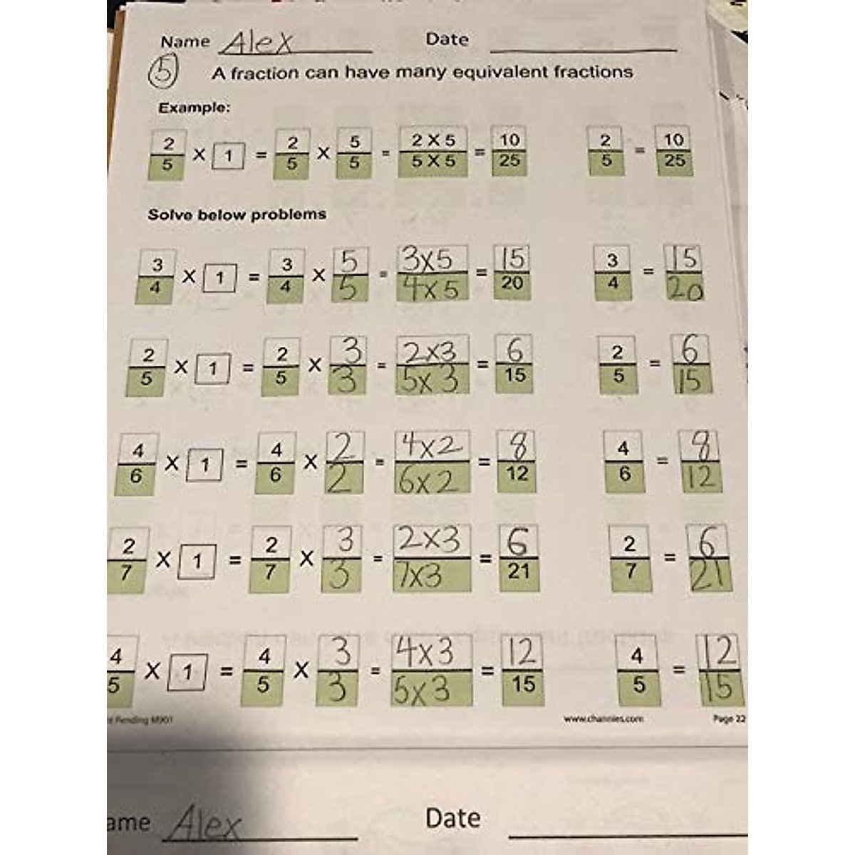 Channie’s One Page A Day Workbook, Beginner Single Digit Fraction Math Practice Worksheets, 50 Pages Front & Back, 25 Sheets, Grades 3rd, 4th, and 5th, Size 8.5” x 11” Summer School, Summer Bridge