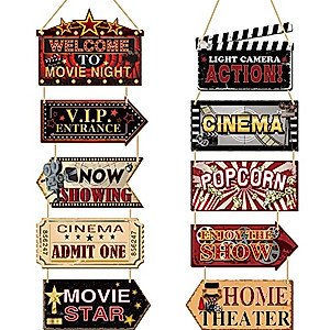 10 Pieces Wooden Movie Theater Decor Hanging Vintage Theater Room Decor Classic Home Theater Decor Rustic Movie Room Accessories Wood Movie Living Room Decor for Cinema Theme Wall Art Signs Plaque
