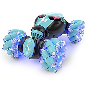 Powerextra Remote Control Car, 4WD 2.4GHz RC Stunt Car, Watch Gesture Sensor Car, Double Sided Rotating Off Road Vehicle 360° Flips with 2 Batteries, Deformable Electric Car Kids Toy Cars - Green