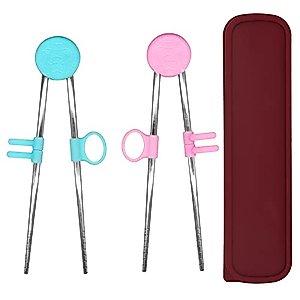 Teach Your Kids How to Use chopsticks with our 2 Pairs of Training Chopsticks for Beginner - Reusable Stainless Steel Kids' Chopsticks Perfect for Learning!（BLUE,PINK）
