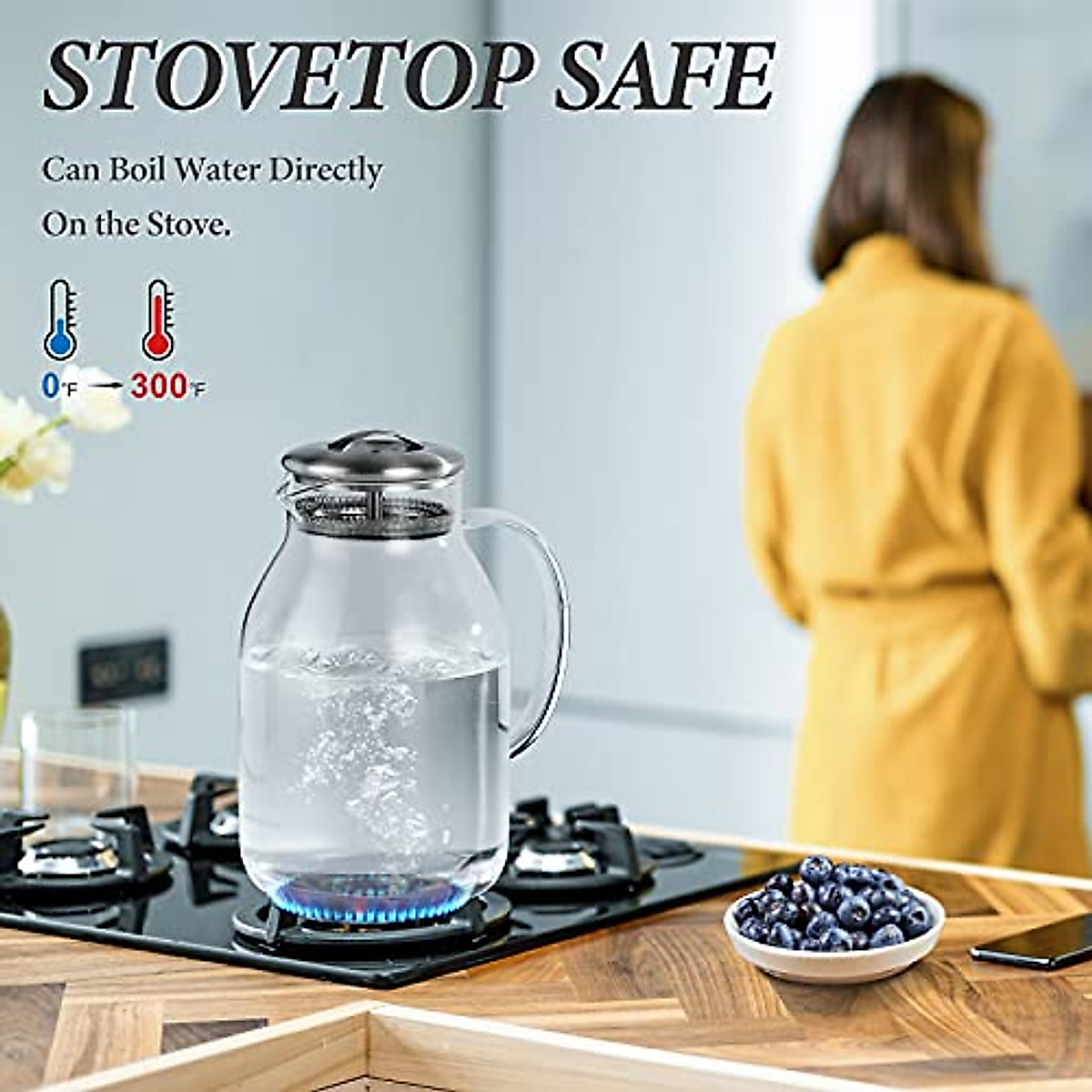 Hiware Glass Pitcher with Lid and Spout - 68 OZ Water Pitcher for Hot/Cold Water & Iced Tea, 18/8 Stainless Steel Lid, High Heat Resistance, 100% Lead-free Clear